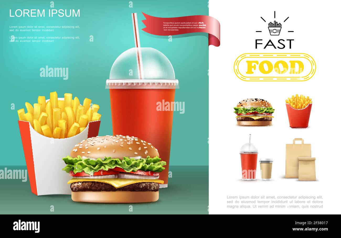 Realistic fast food template with soda and coffee cups french fries ...