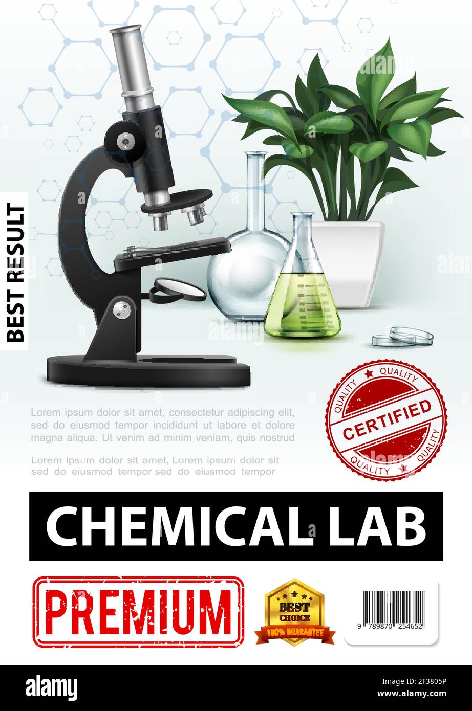Realistic chemical laboratory poster with microscope glass lab flask ...