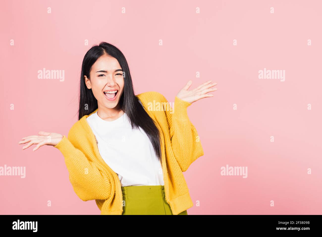 Happy Asian portrait beautiful cute young woman standing winning and ...