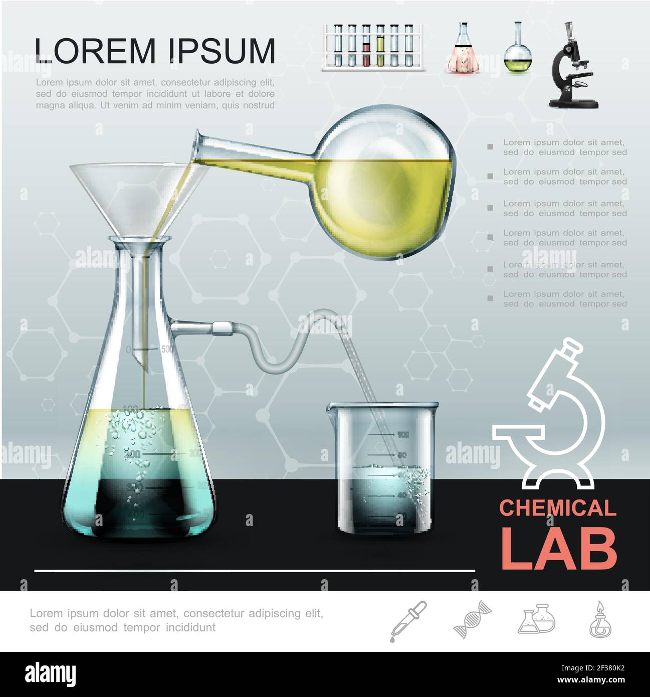 Realistic chemical experiment template with liquid pouring from bottle ...