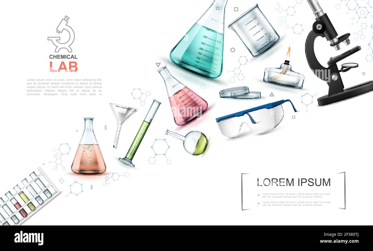 Realistic laboratory research elements template with glass flasks test ...