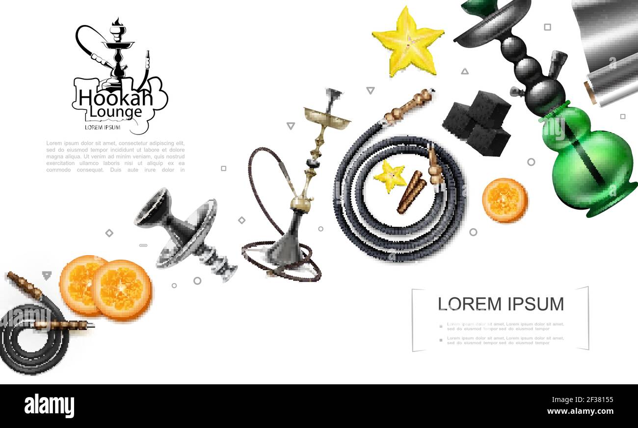 Realistic hookah elements concept with pipes tubes hookahs orange ...