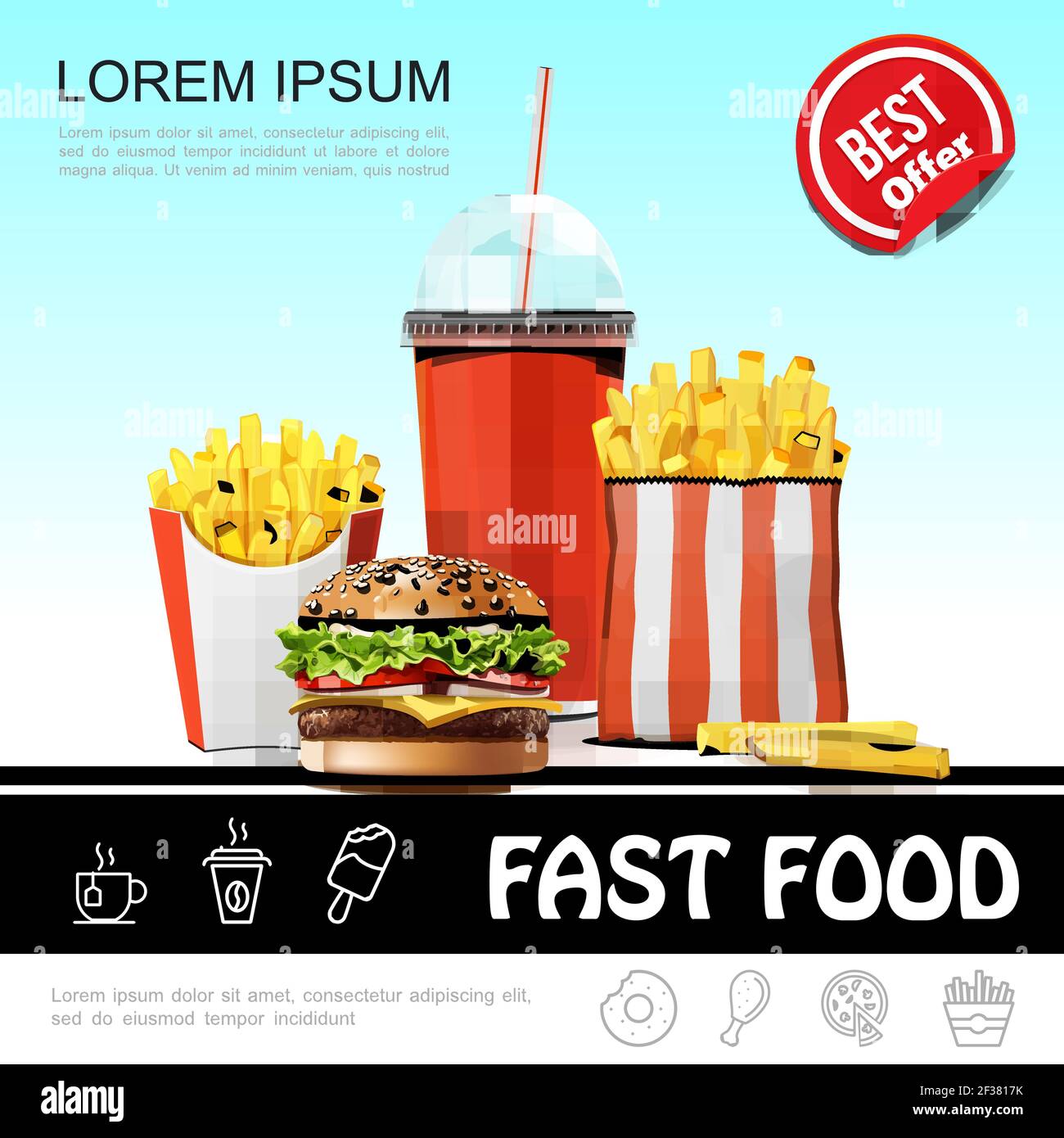 Realistic fast food template with french fries soda in paper cup and ...