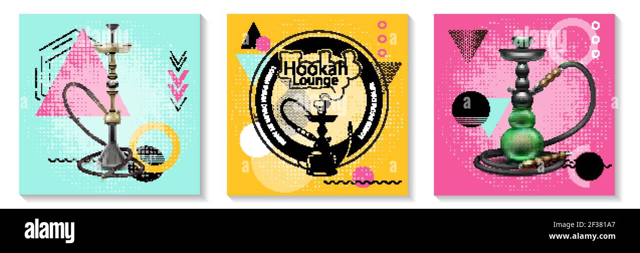 Realistic traditional hookah cards set with classic hookahs of ...