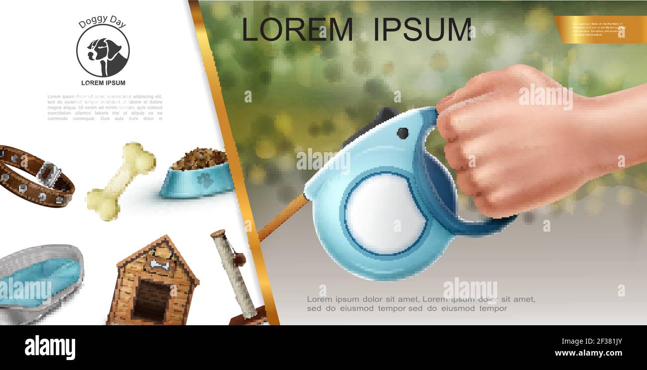 Realistic pets care composition with hand holding leash collar bone ...