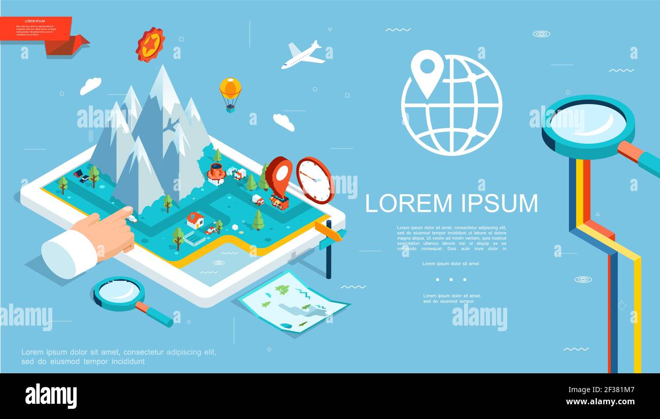 Isometric gps navigation template with mountains route map pointer on ...