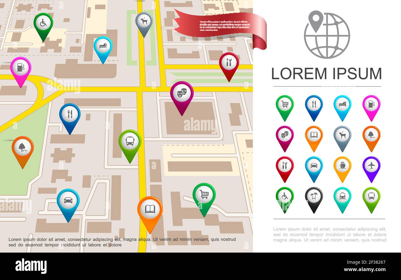 Flat city map gps concept with colorful navigation pins and pointers of ...