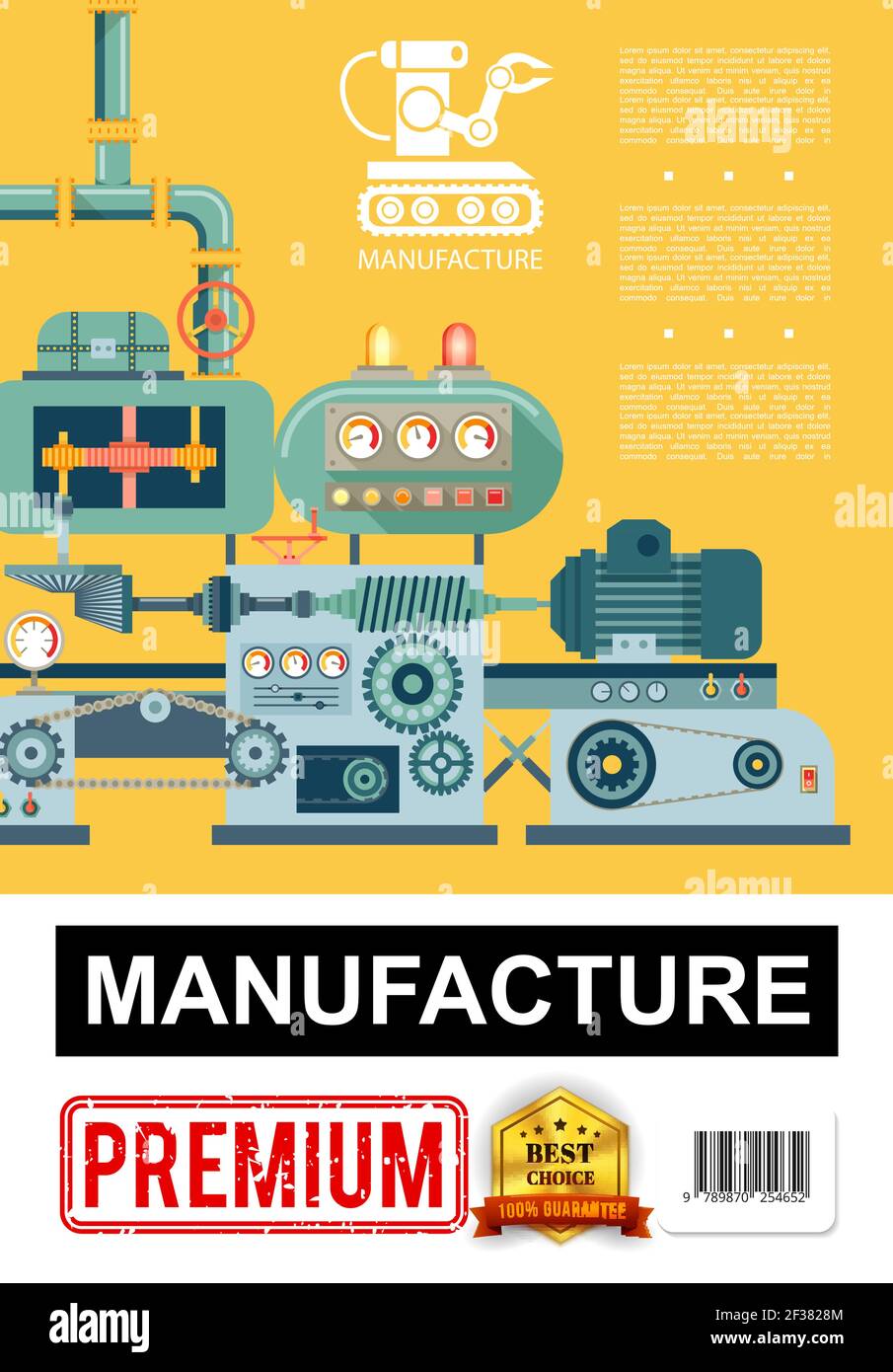 Flat industrial manufacturing poster with production line and robotic ...