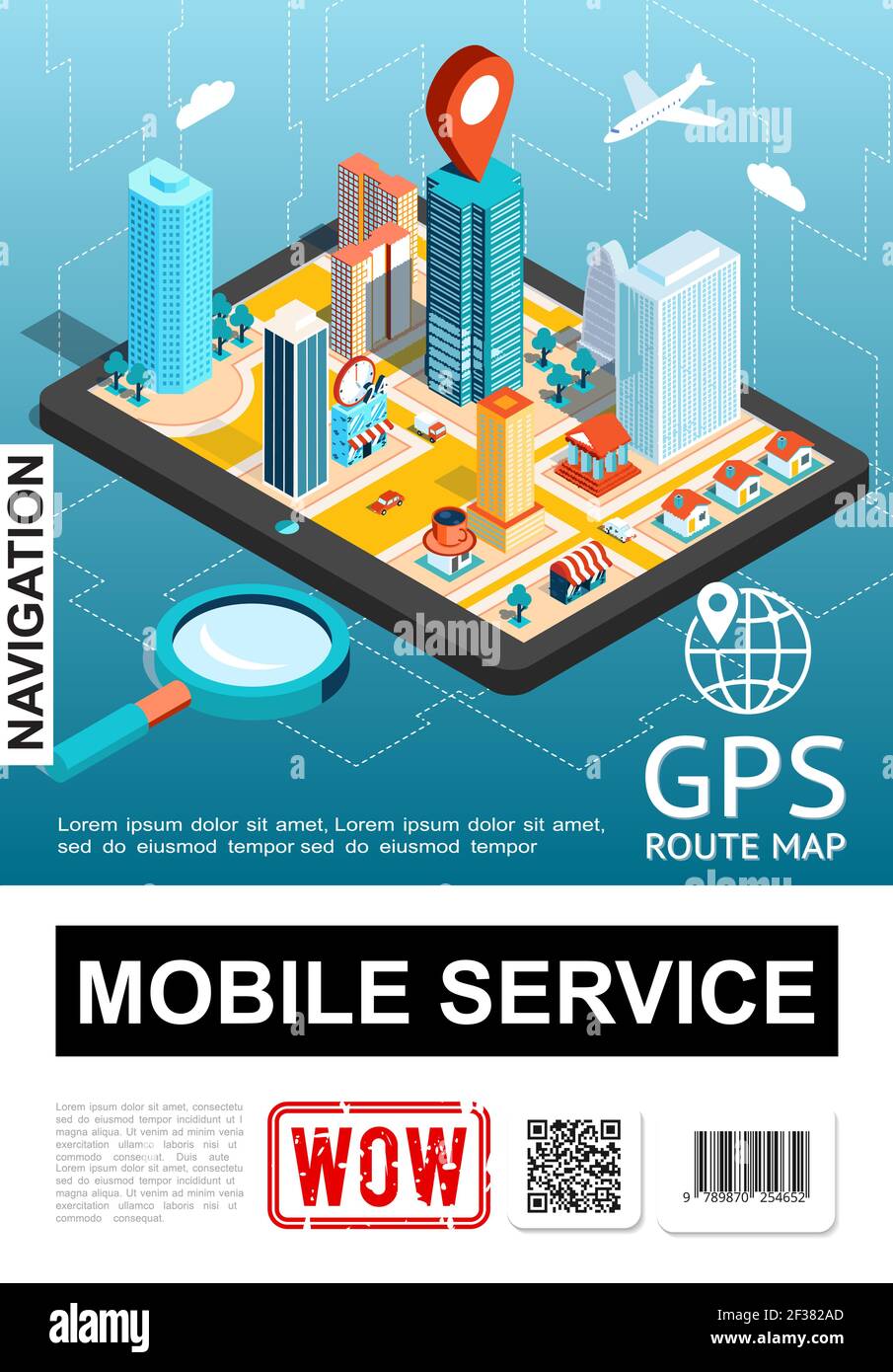 Isometric mobile navigation service poster with city on smartphone ...