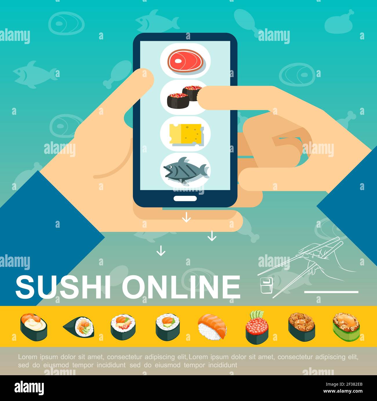 Flat online japanese food delivery template with man holding mobile ...