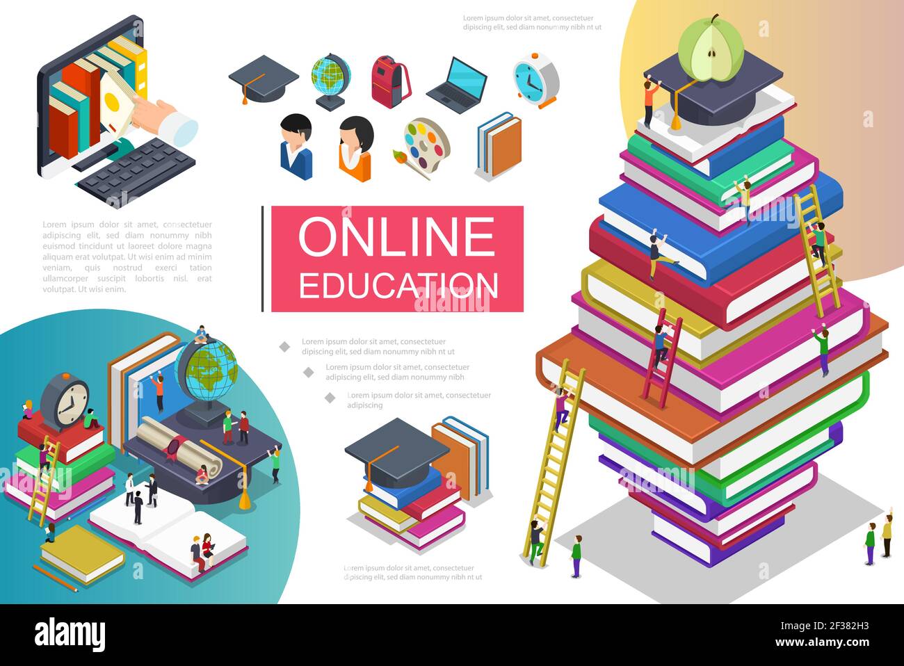 Isometric online learning template with people climp up stairs on stack ...