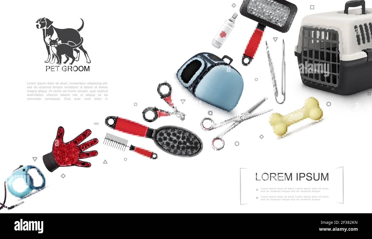 Realistic pets grooming elements set with dog and cat carriers bone ...