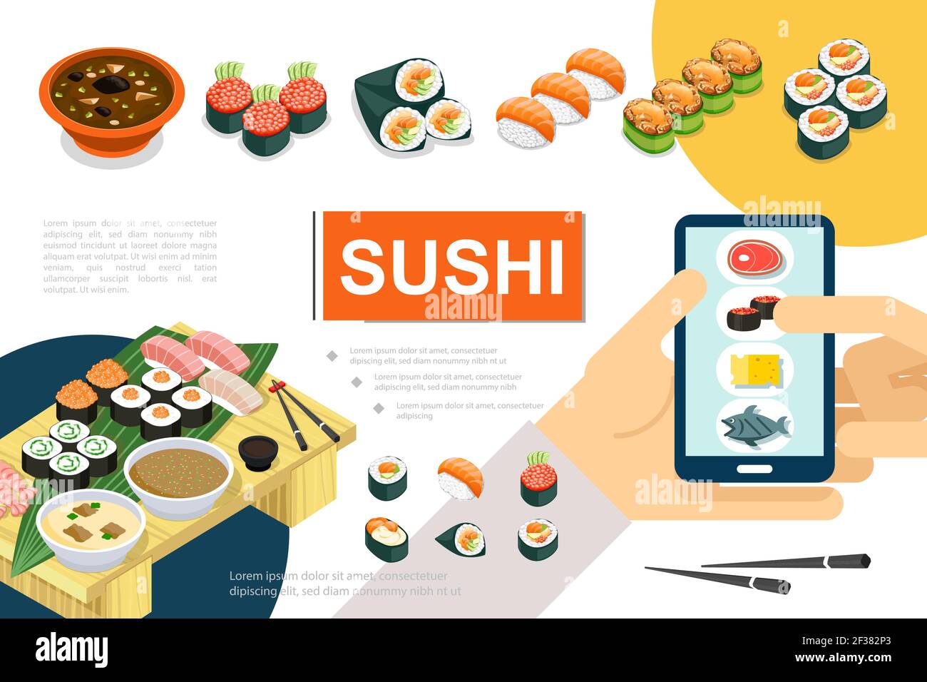 Isometric japanese food composition with different types of sushi ...