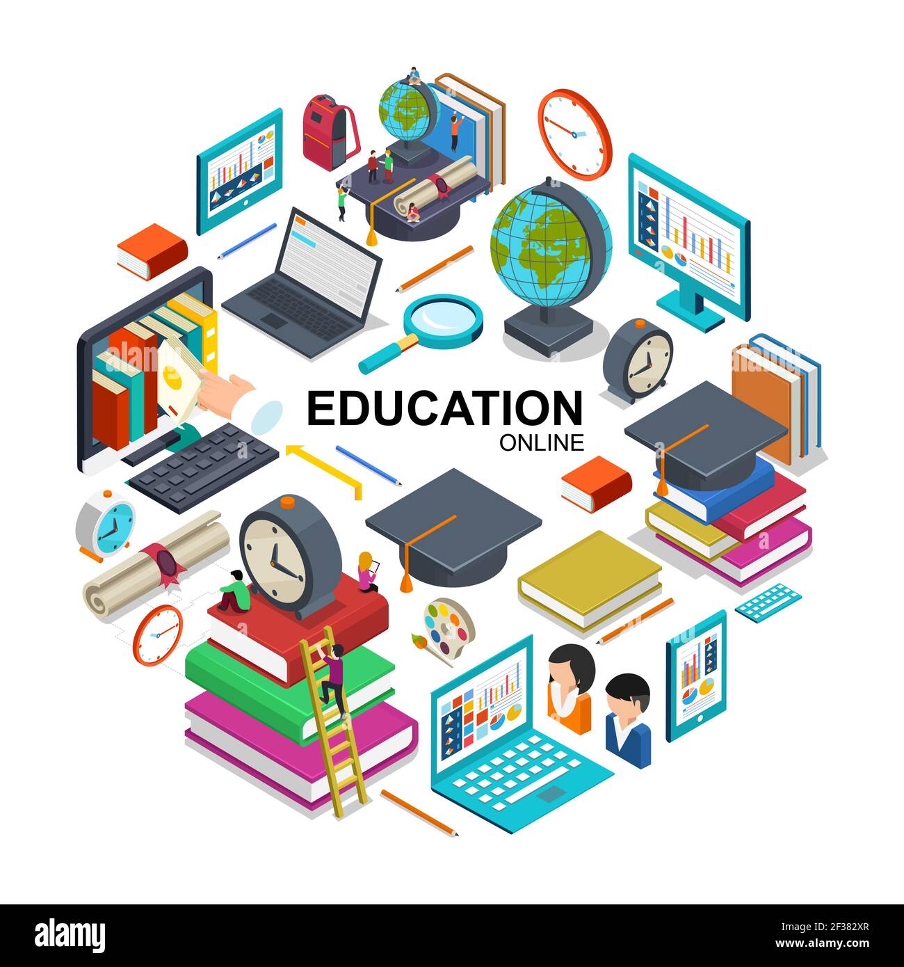 Isometric online education round concept with devices for online ...