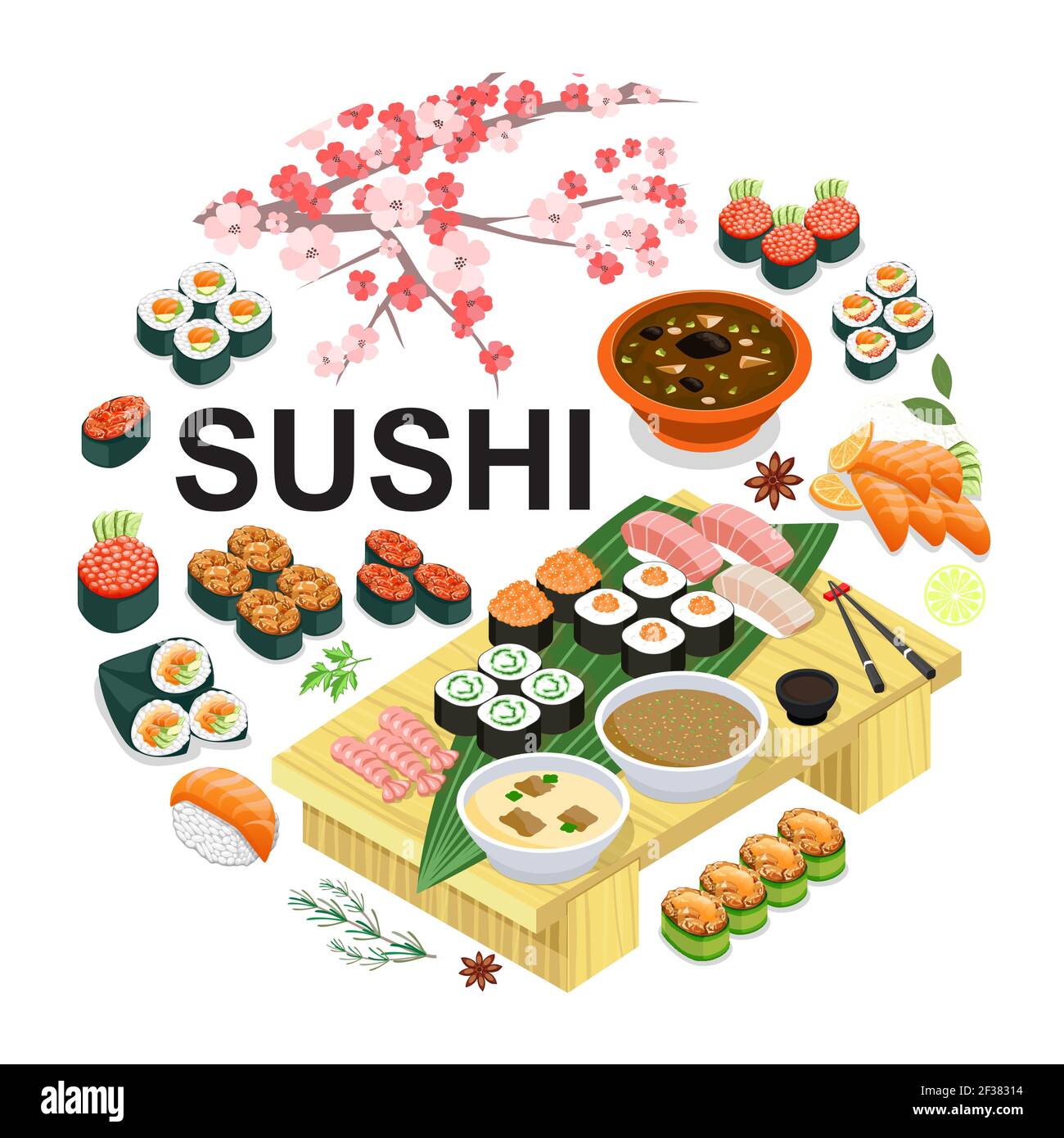 Isometric japanese food round concept with sushi sashimi wasabi soup ...