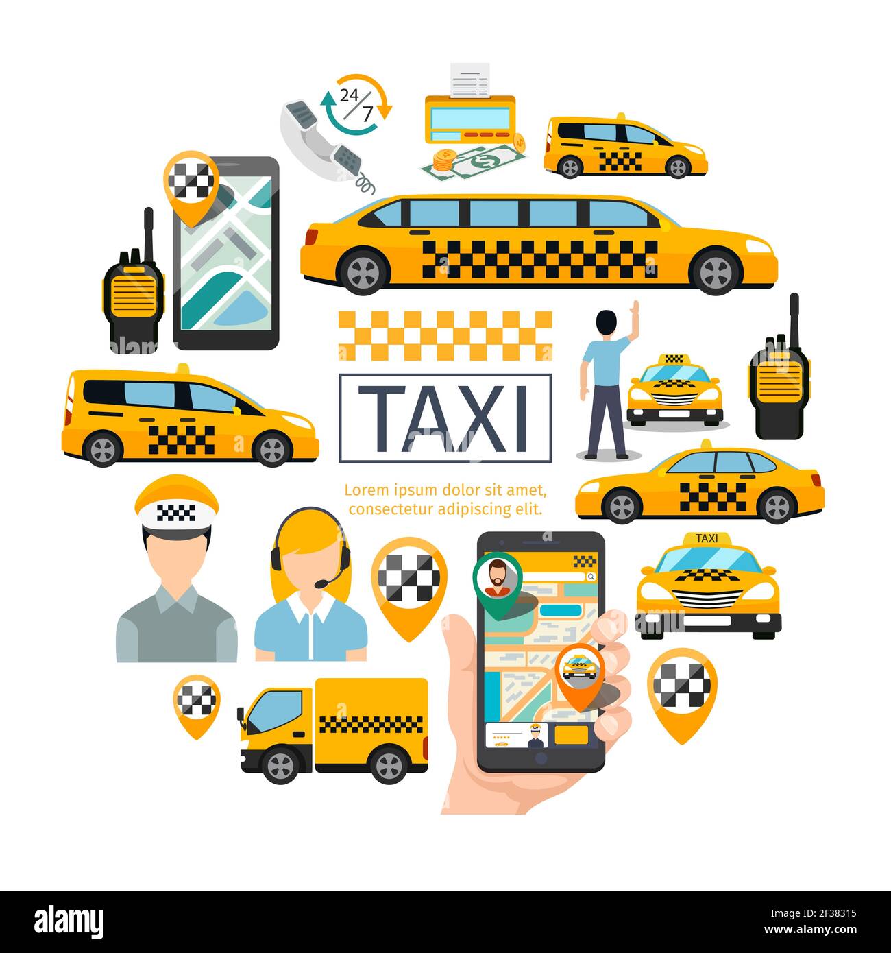 Flat taxi service round concept with driver operator passenger radio ...