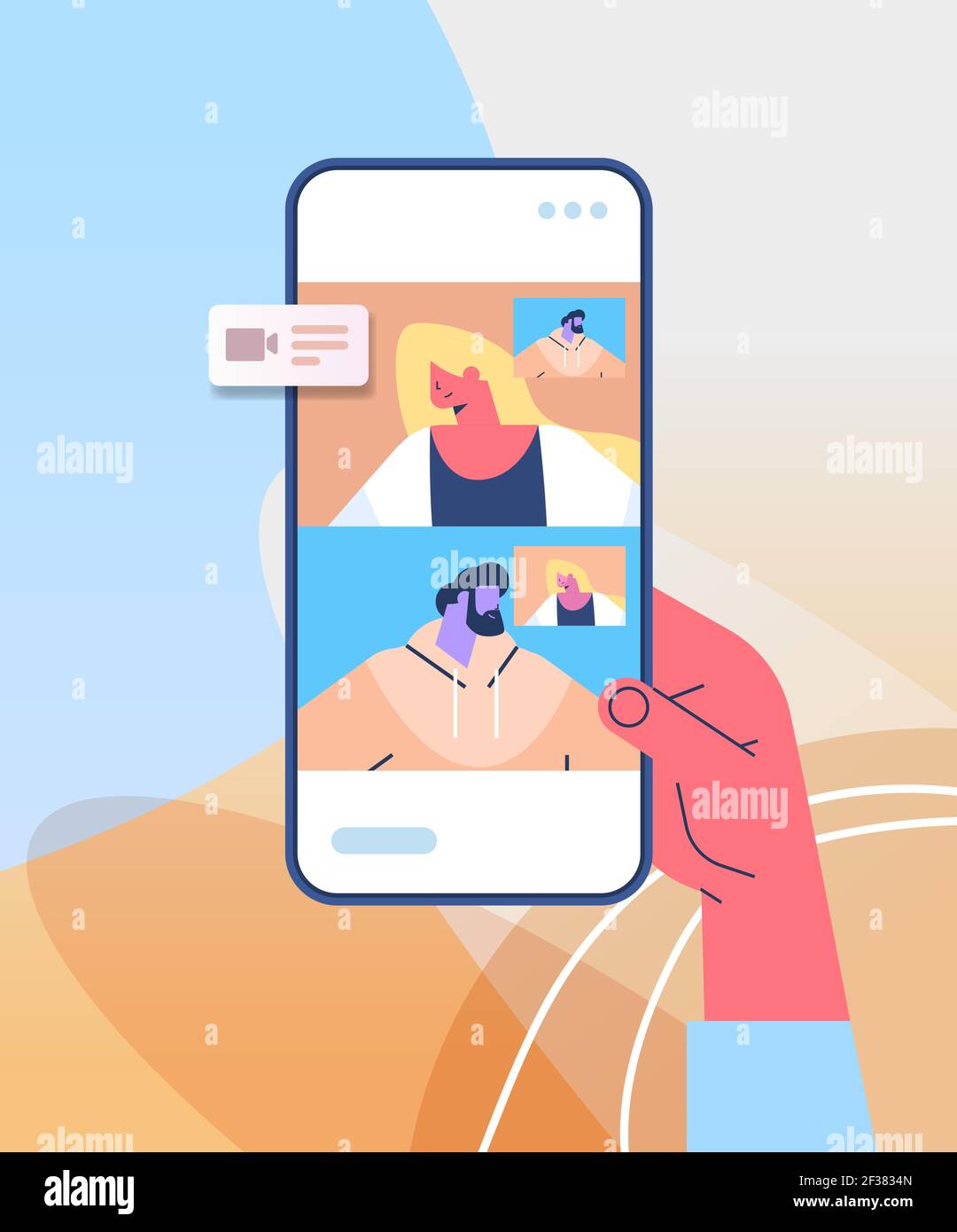 hand using mobile app for virtual conference meeting friends discussing ...