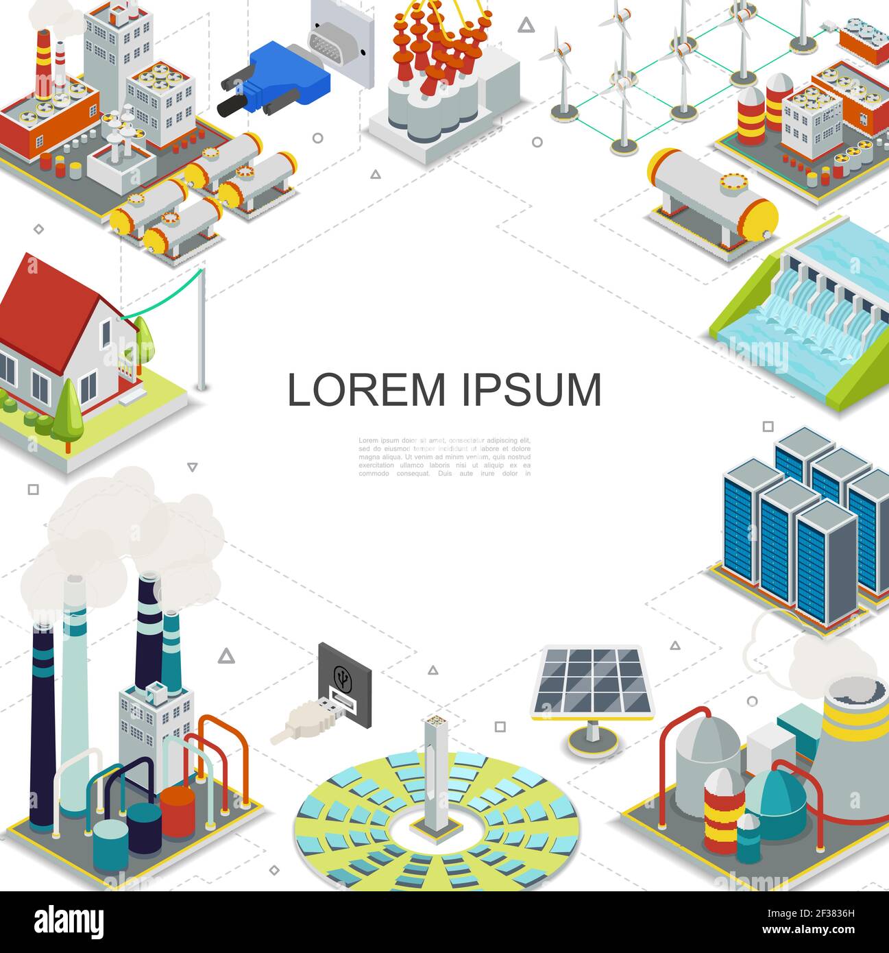Isometric electricity and energy template with hydroelectric geothermal ...