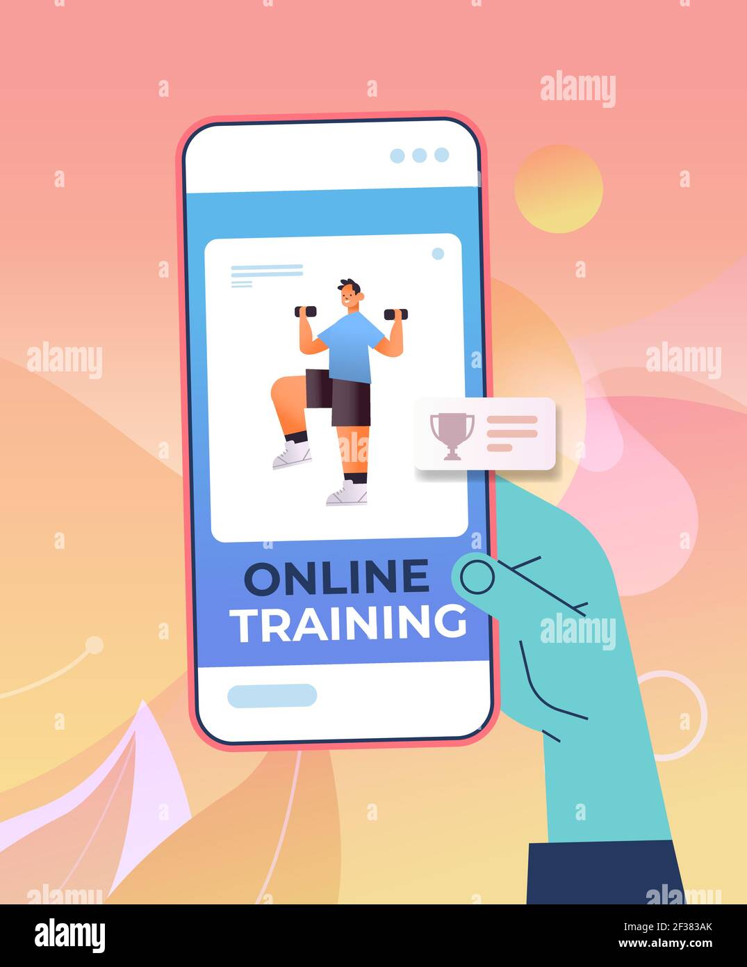 hand using mobile fitness app man doing physical exercises with ...