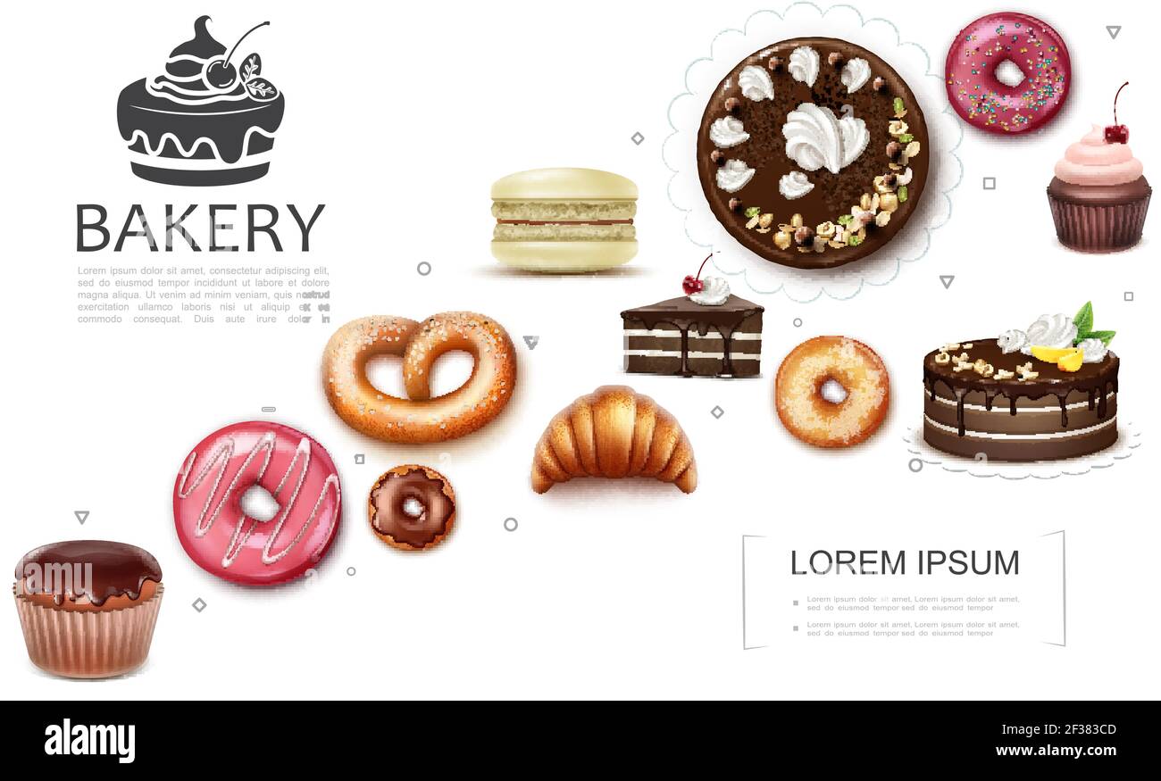Realistic cakes and baking products collection with muffin donuts ...