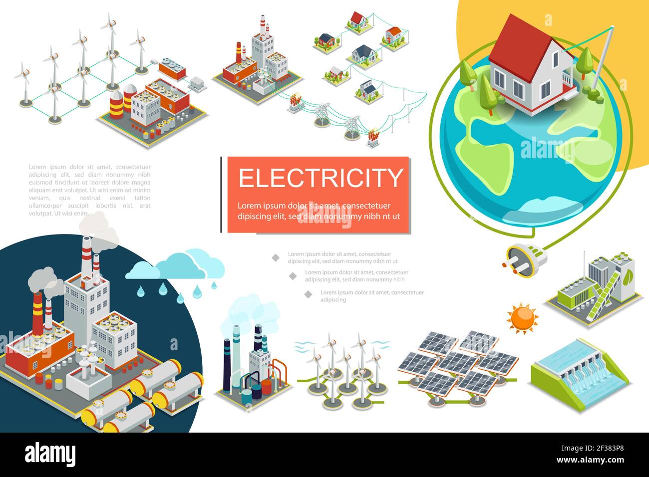 Isometric electricity infographics with fuel geothermal hydroelectric ...