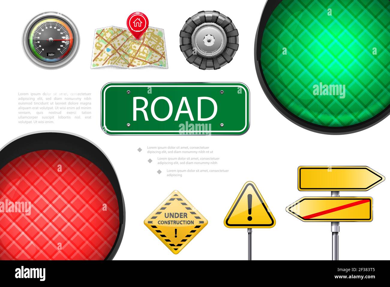 Realistic road elements colorful composition with traffic lights ...