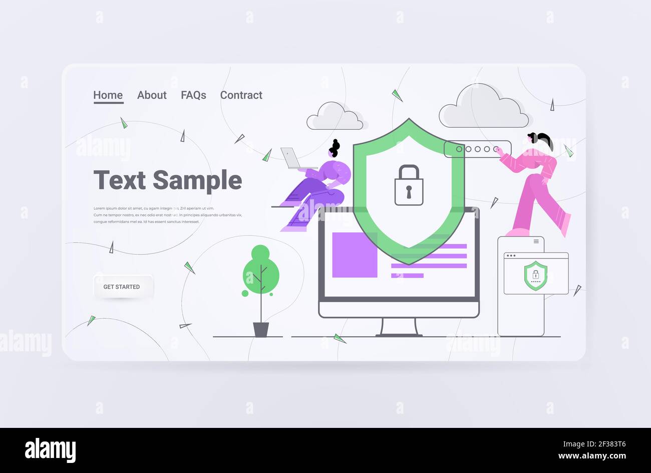 businesspeople using computer app protection shield with padlock data ...