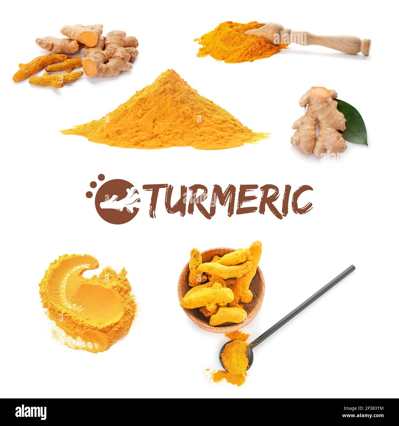 Collage of healthy turmeric powder on white background Stock Photo - Alamy