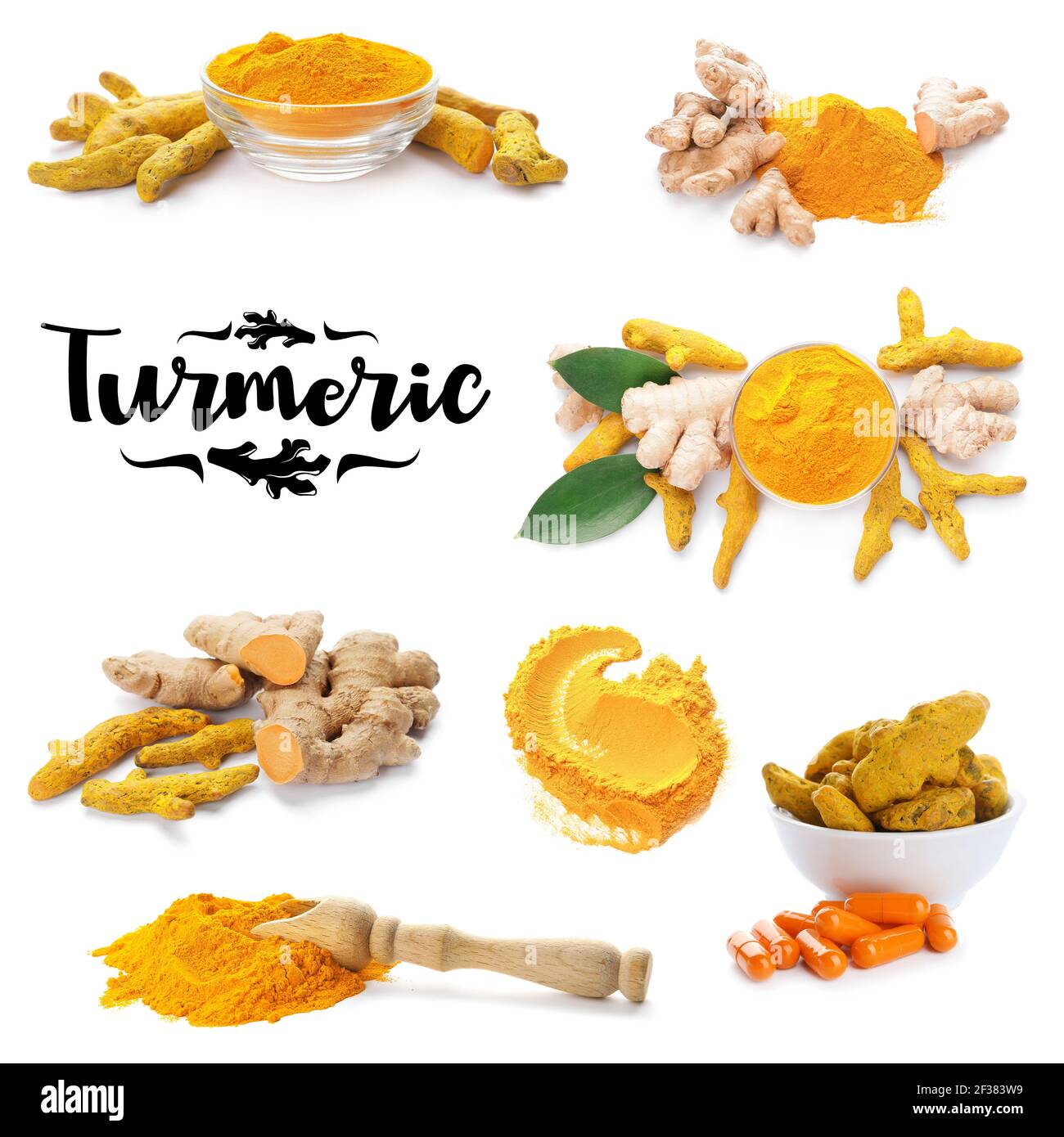 Collage of healthy turmeric powder on white background Stock Photo - Alamy