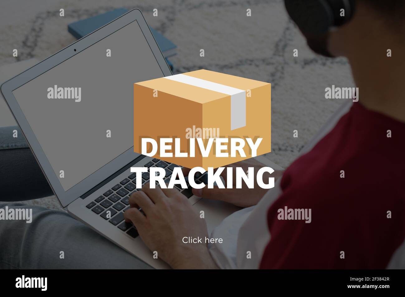 Man with laptop using delivery service application Stock Photo - Alamy