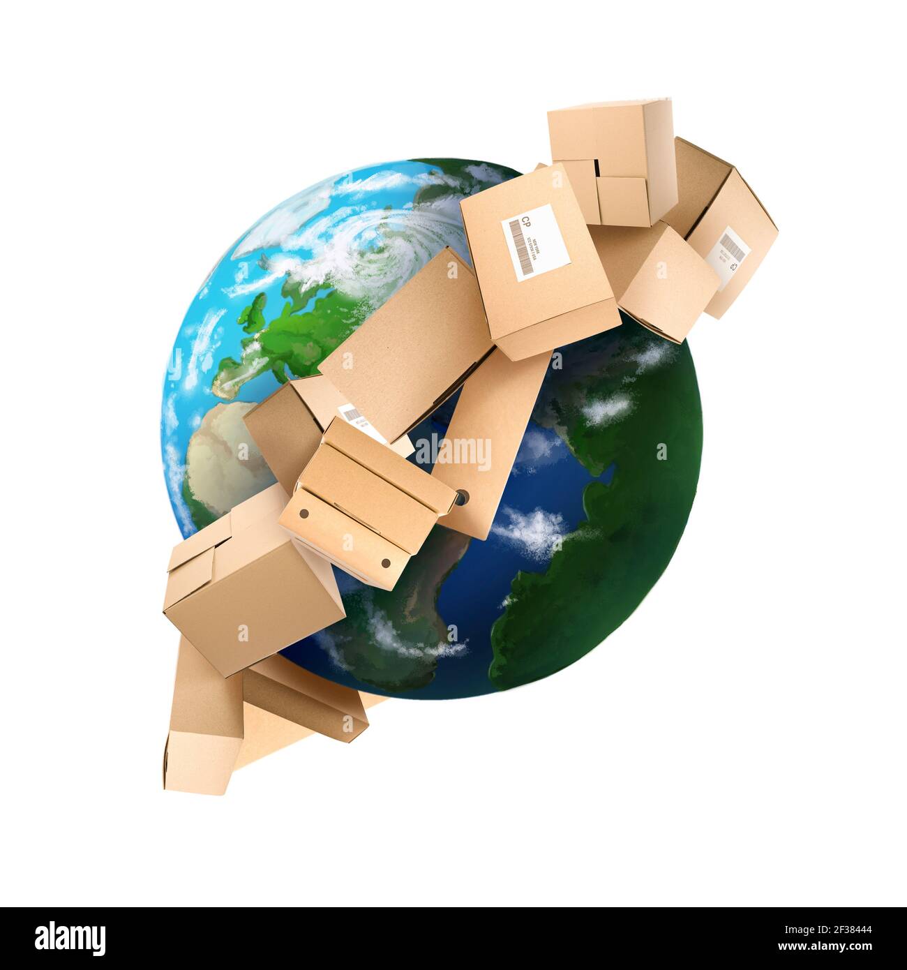 Planet Earth with flying parcels on white background Stock Photo - Alamy