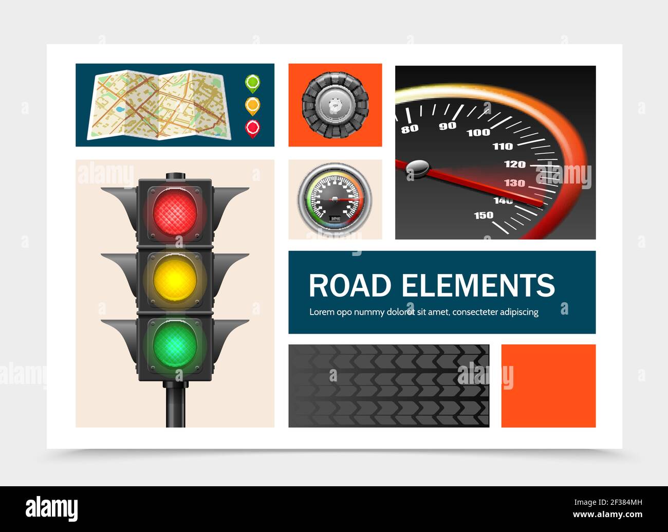 Realistic road elements set with navigational map pointers traffic ...