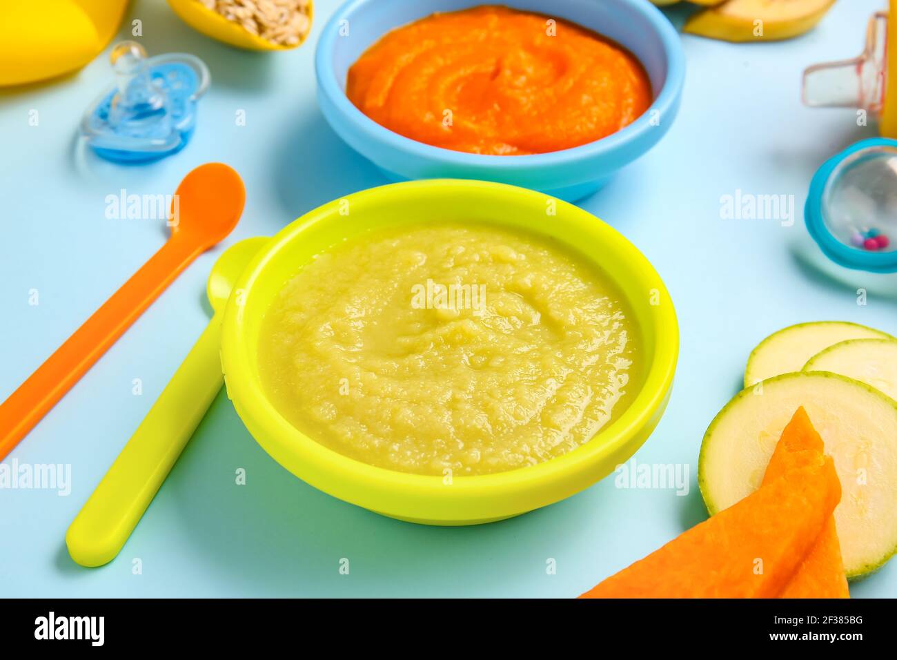 Composition with healthy baby food on color background, closeup Stock ...