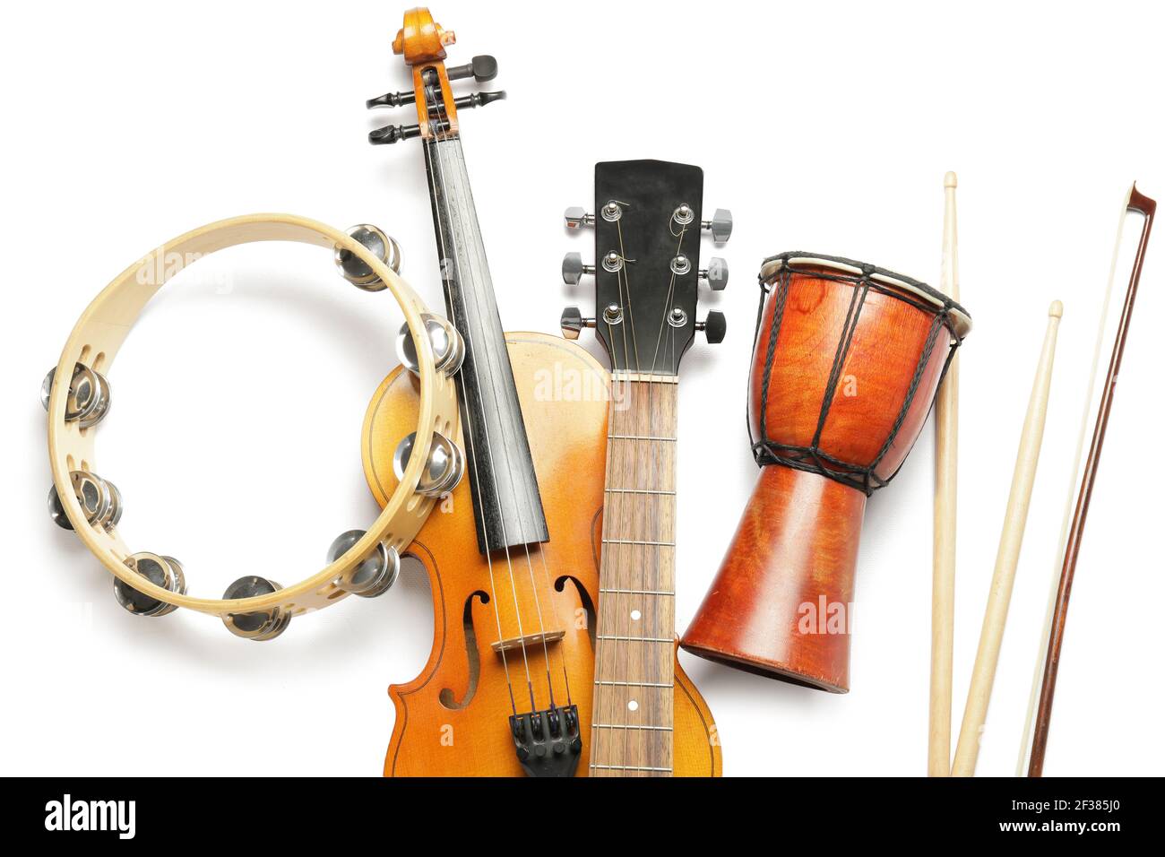 Different musical instruments on white background Stock Photo - Alamy