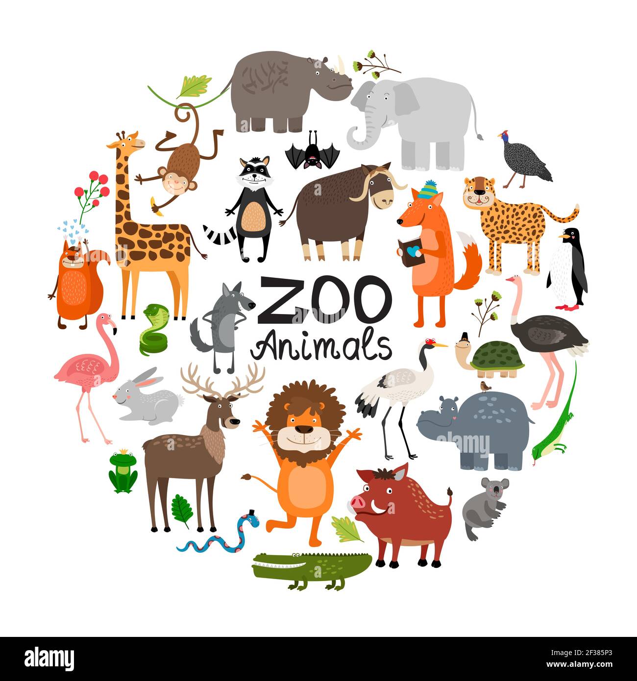 Flat zoo animals round concept with giraffe leopard boar squirrel hippo ...