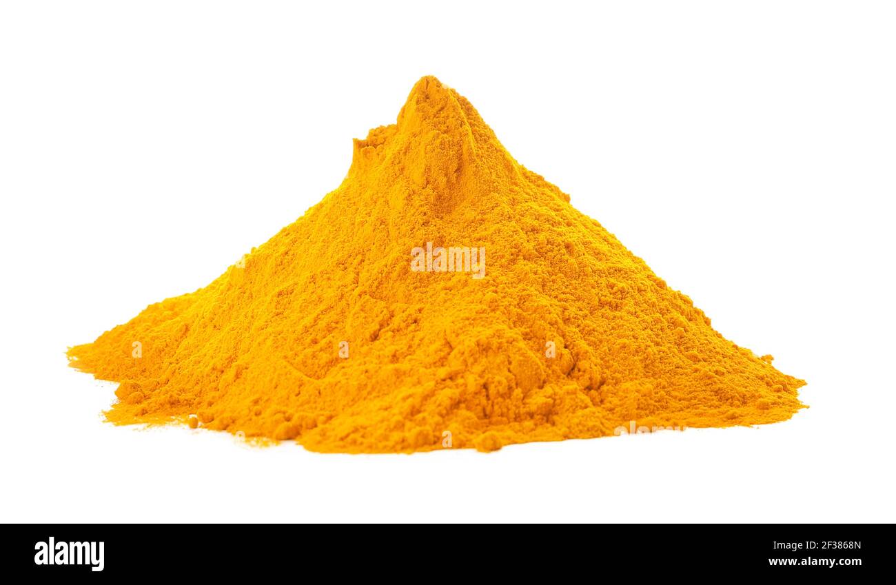 Heap of turmeric powder on white background Stock Photo - Alamy