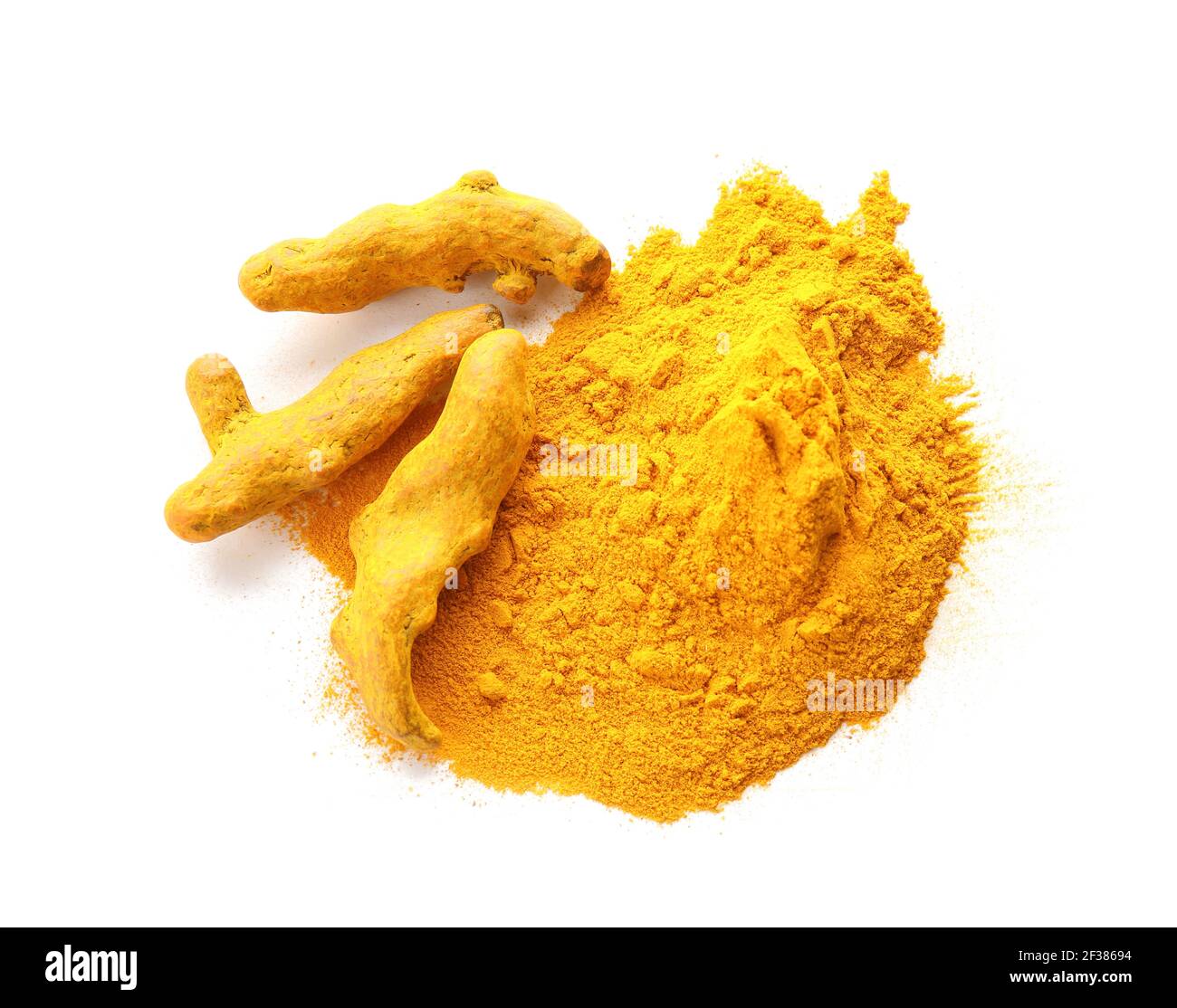 Heap with turmeric powder and roots on white background Stock Photo - Alamy