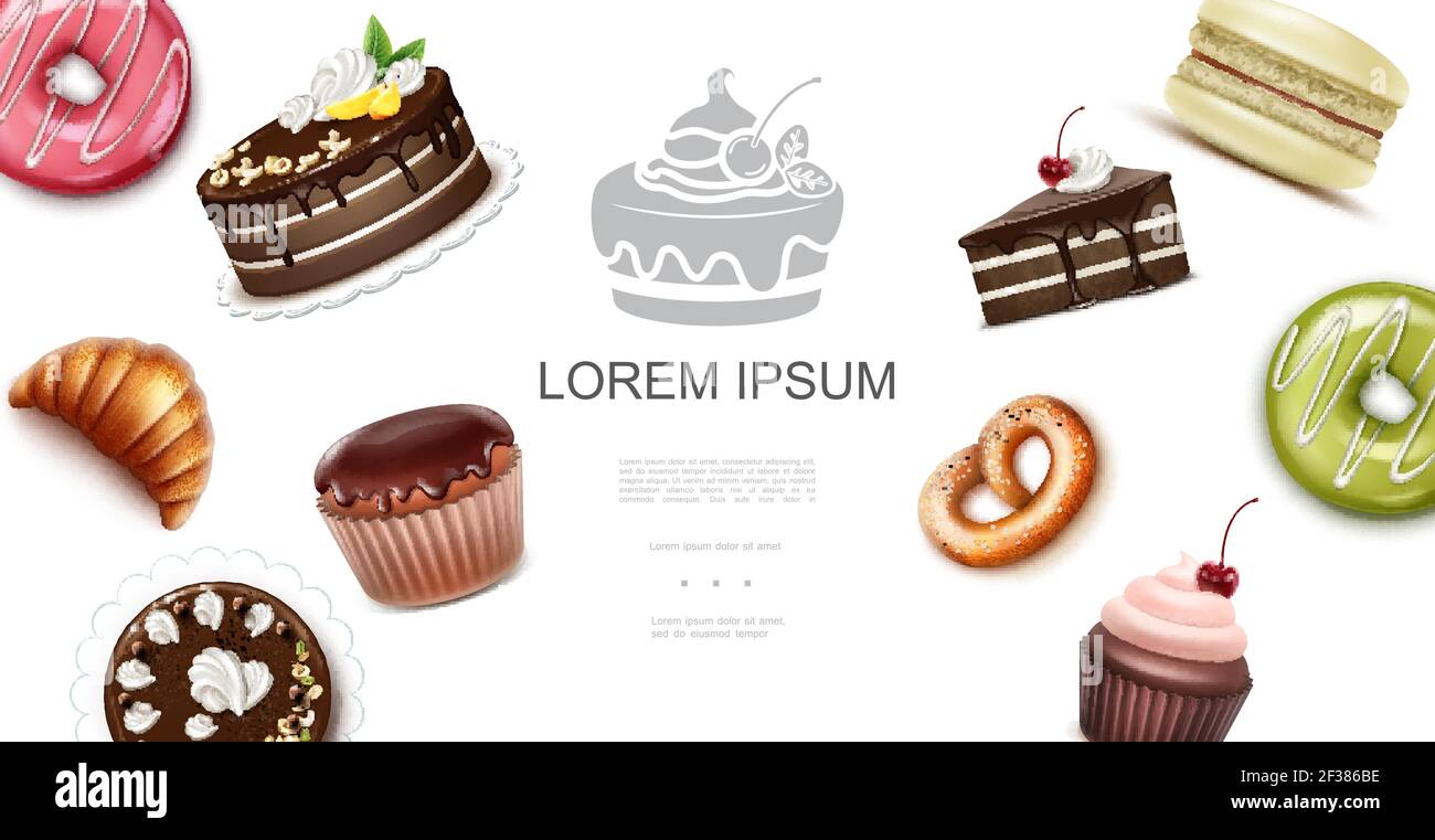 Realistic sweet and baking products template with muffin pie croissant ...
