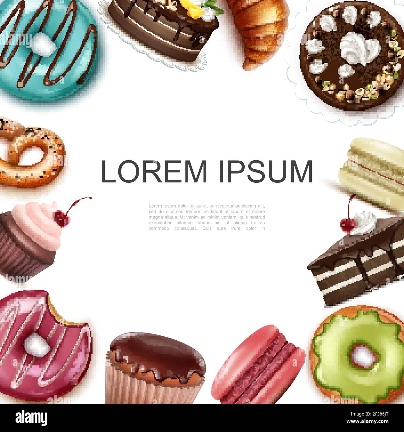 Realistic cakes and desserts concept with place for text donuts pie ...
