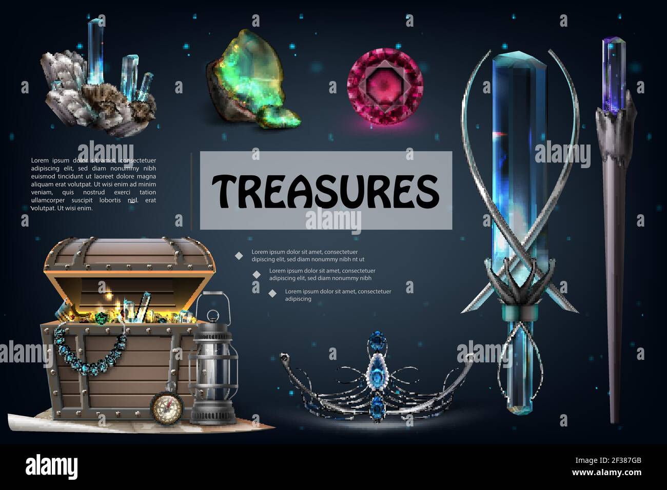 Realistic treasures colorful composition with jewels gemstones jewelry ...