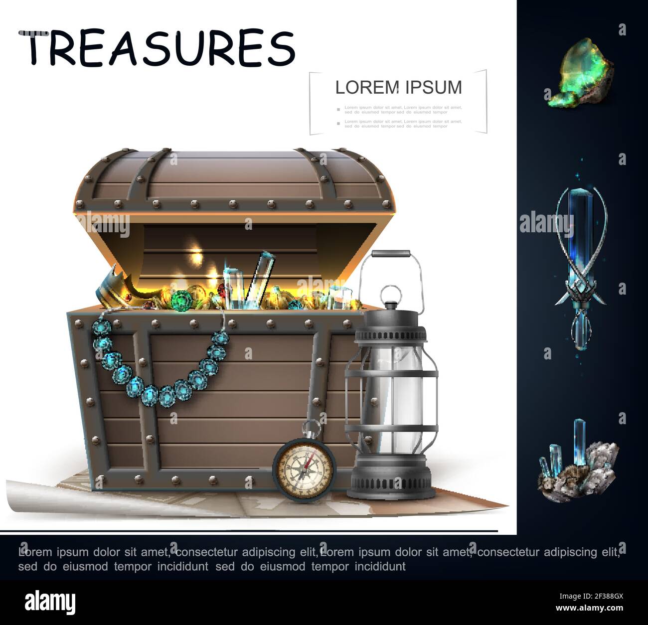 Realistic sea treasures concept with lantern navigational compass chest ...