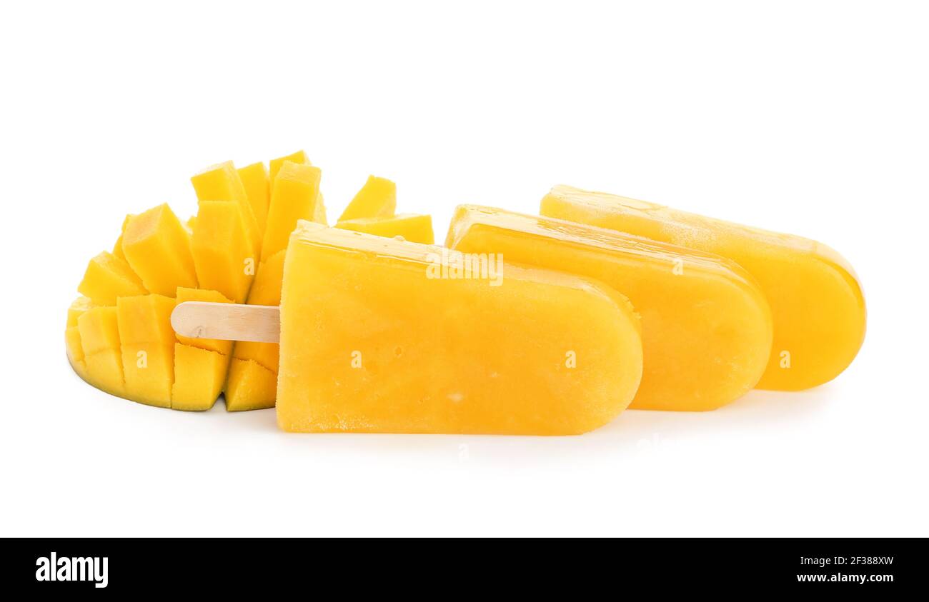 Tasty mango ice cream on white background Stock Photo - Alamy