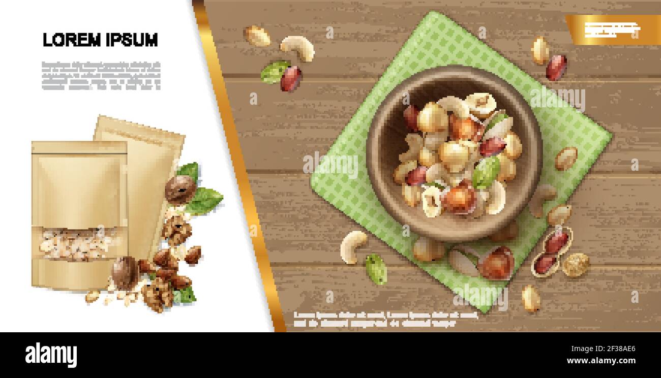 Realistic organic and natural nuts template with bowl of different ...