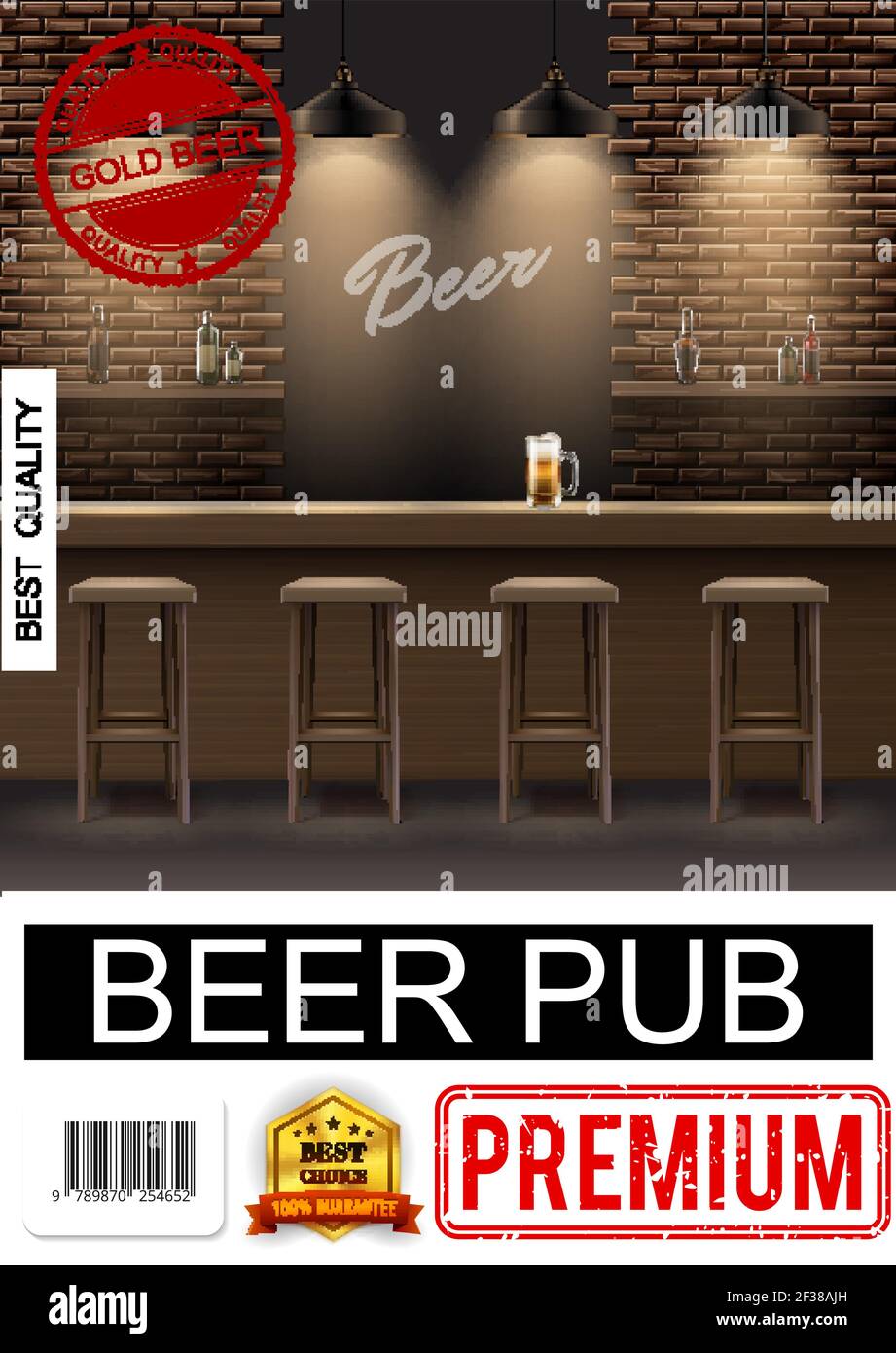 Realistic pub interior poster with chairs beer glass on bar counter and ...
