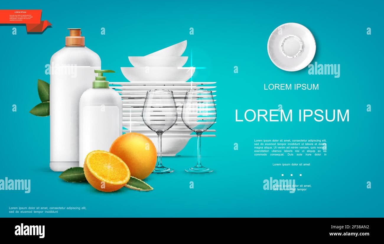 Realistic colorful dishwashing template with bottles of detergent clean ...
