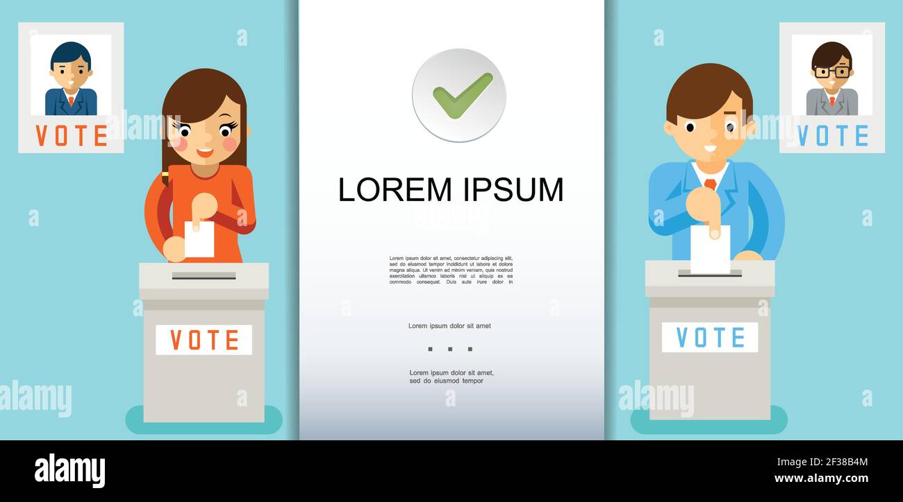 Flat voting process colorful template with people putting paper ballots ...