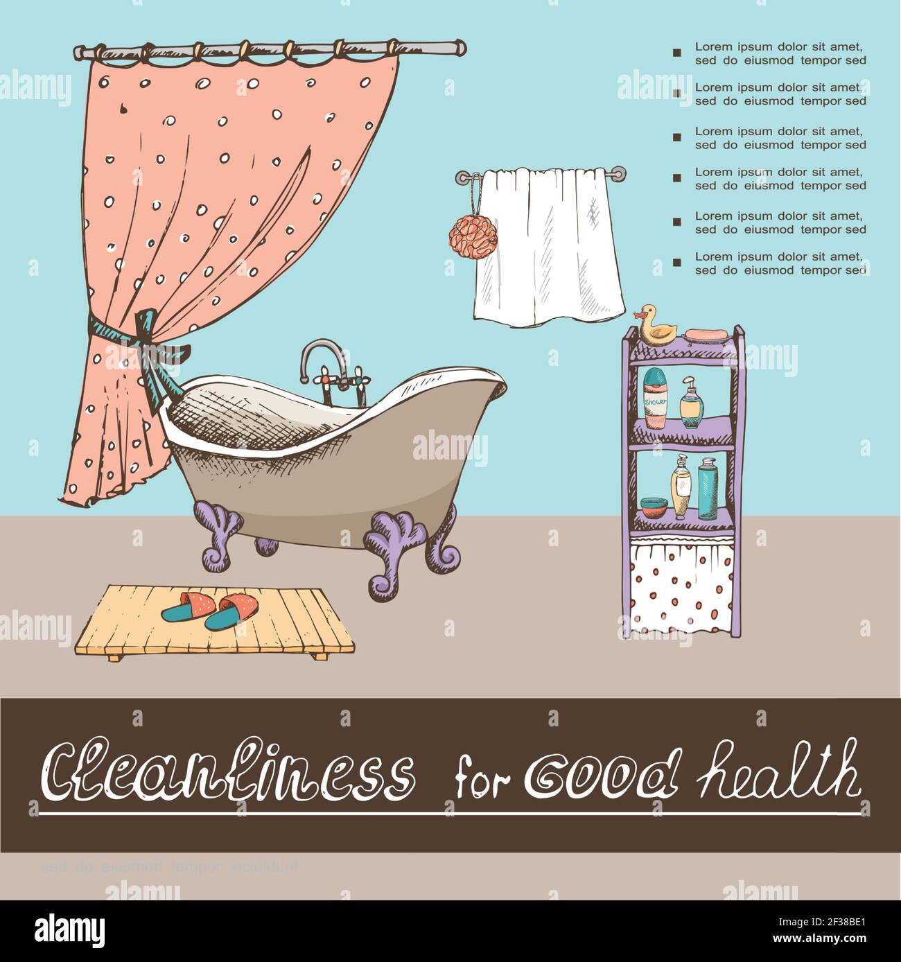 Hand drawn bathroom interior poster with bathtub curtain towel slippers ...