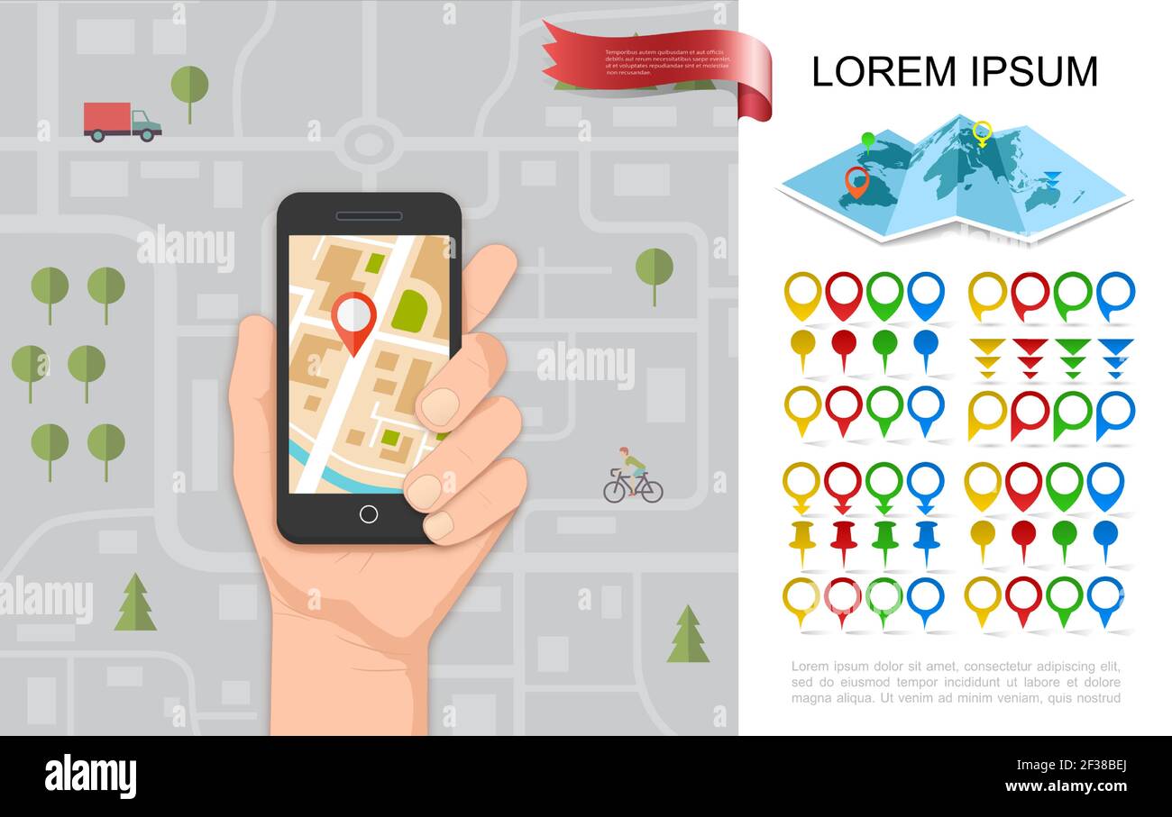 Flat navigation concept with male hand holding phone with GPS navigator ...