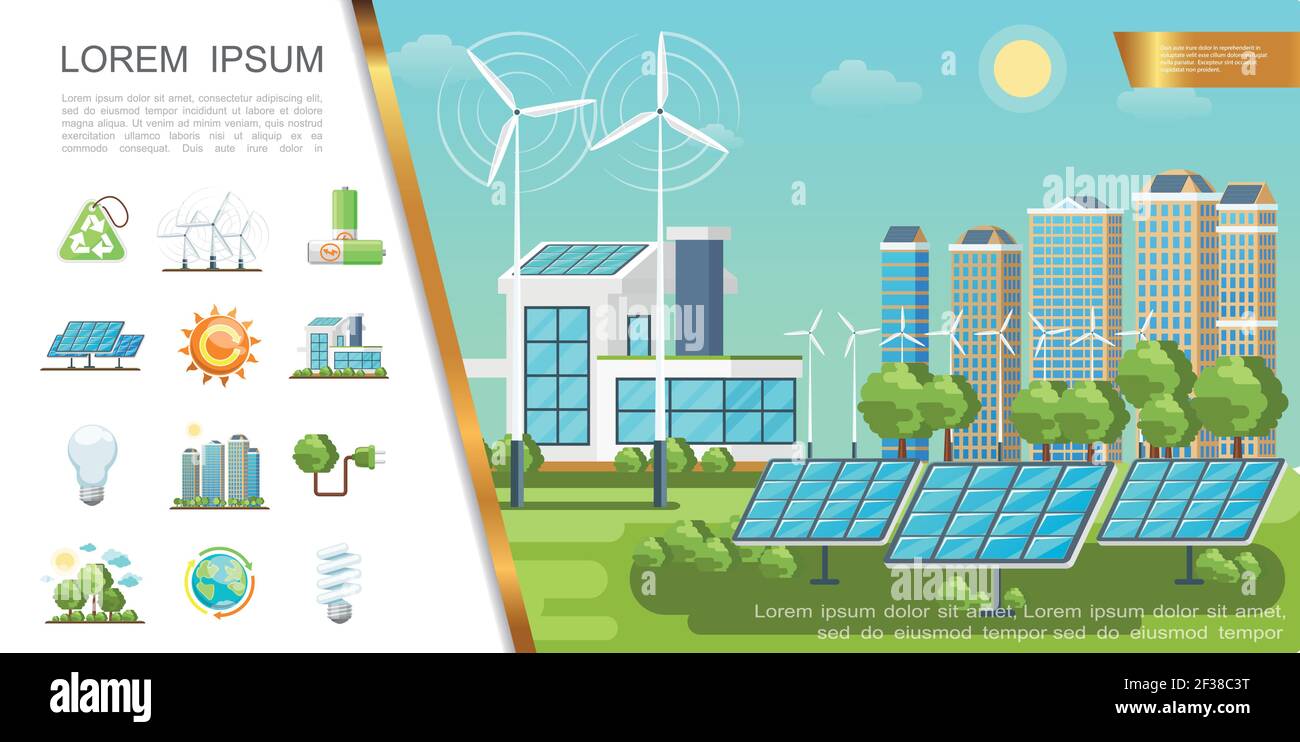 Flat eco city concept with solar panels wind turbines modern buildings ...