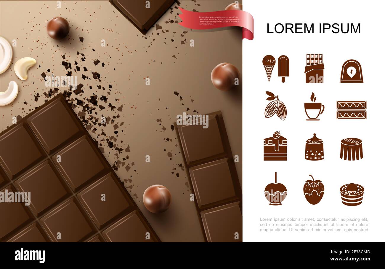 Realistic chocolate bars concept with nuts and sweet chocolate products ...